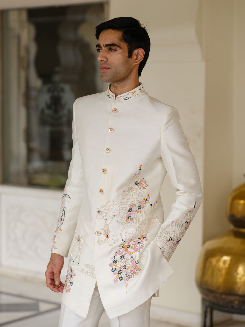 NAWAB NATURE WHITE SILK INDO WESTERN – Dimple Collection